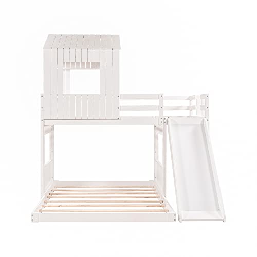 MERITLINE House Bed Bunk Beds with Slide Twin Over Full Size Bunk Bed Frame with Slide,Wooden Playhouse - Design Slide Bunk Beds Twin Over Full Bunk for Boys and Girls