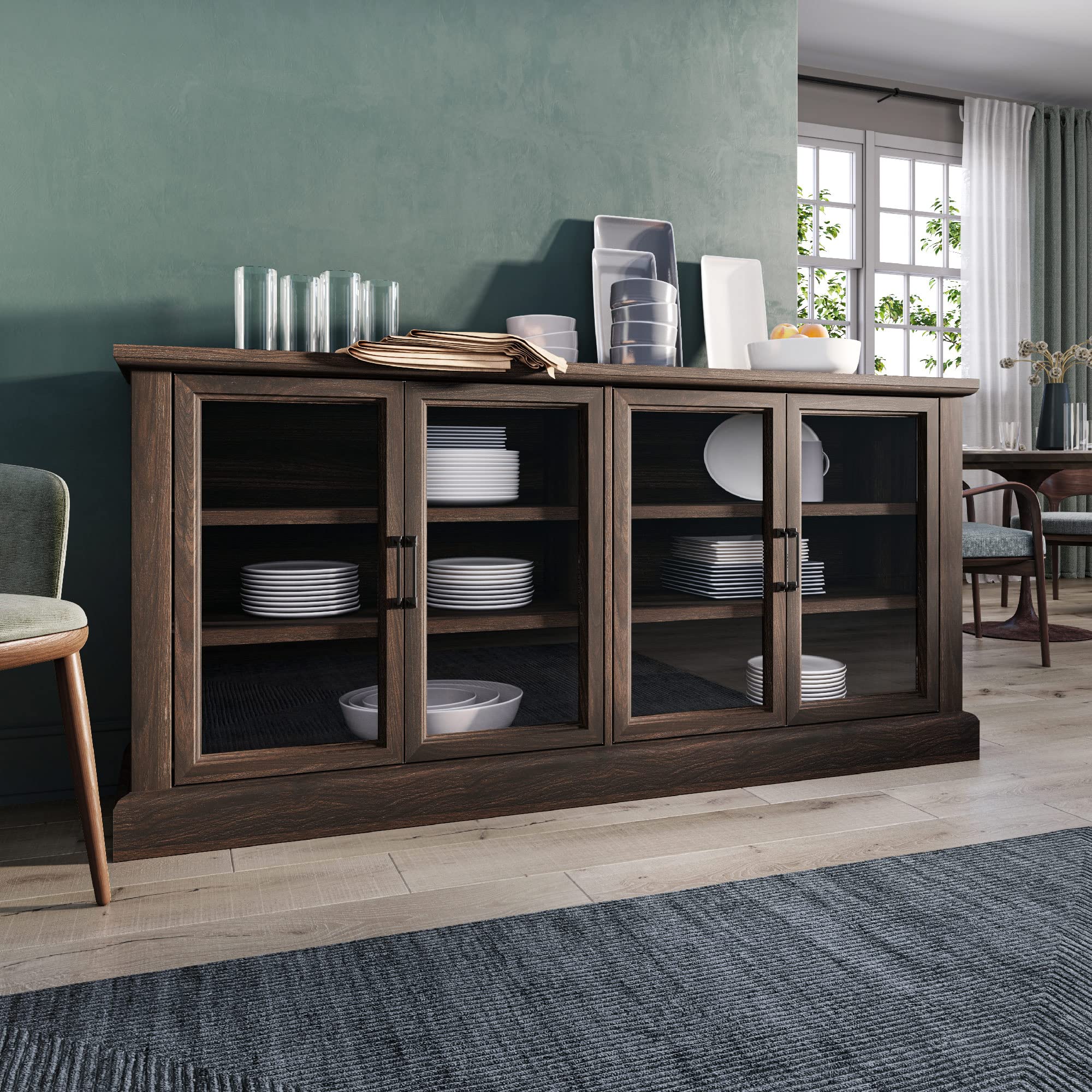 BELLEZE 70 Inch Sideboard Buffet Cabinet, Entertainment Center with Storage, Glass Display Cabinet with Adjustable Shelves Console Table Storage Cabinet for Living Room, Dining Room, Dark Walnut