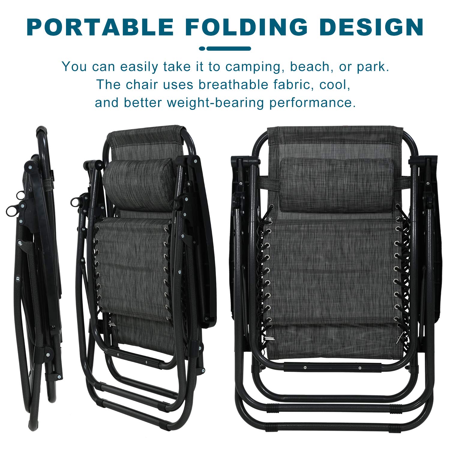 HCY Zero Gravity Chairs Outdoor Adjustable Recliner Chair Folding Lounge Patio Chairs with Cup Holder Pillows Set of 2 for Beach, Yard, Lawn, Camp(Black)