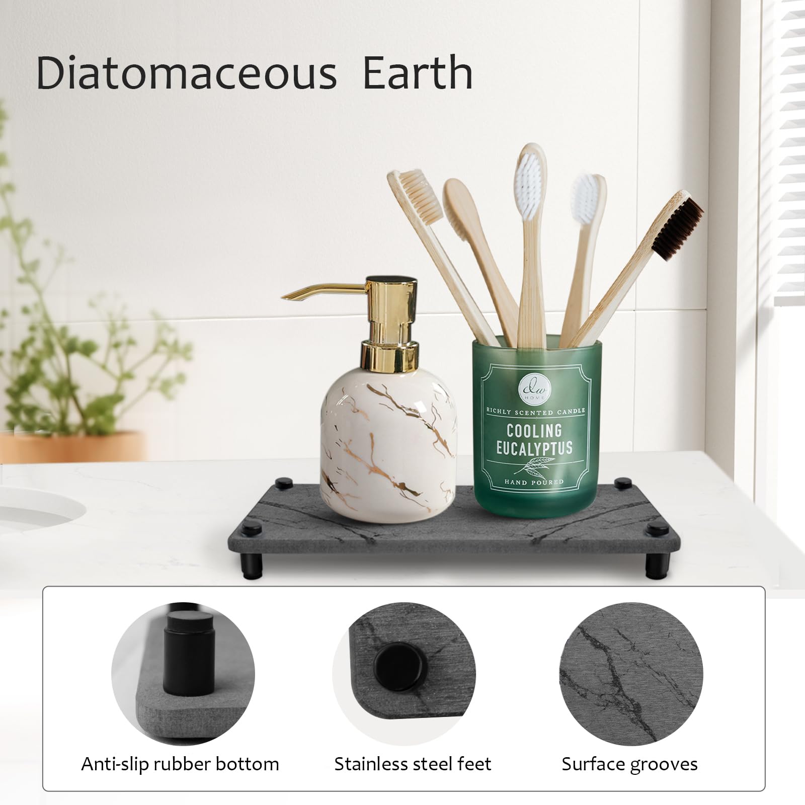Drying Stone for Kitchen Counter, Water Absorbing Stone Sink Organizer for Bathroom Diatomaceous Earth Stone Drying Tray Instant Dry Sink Caddy Soap Dispenser Sponge Holder