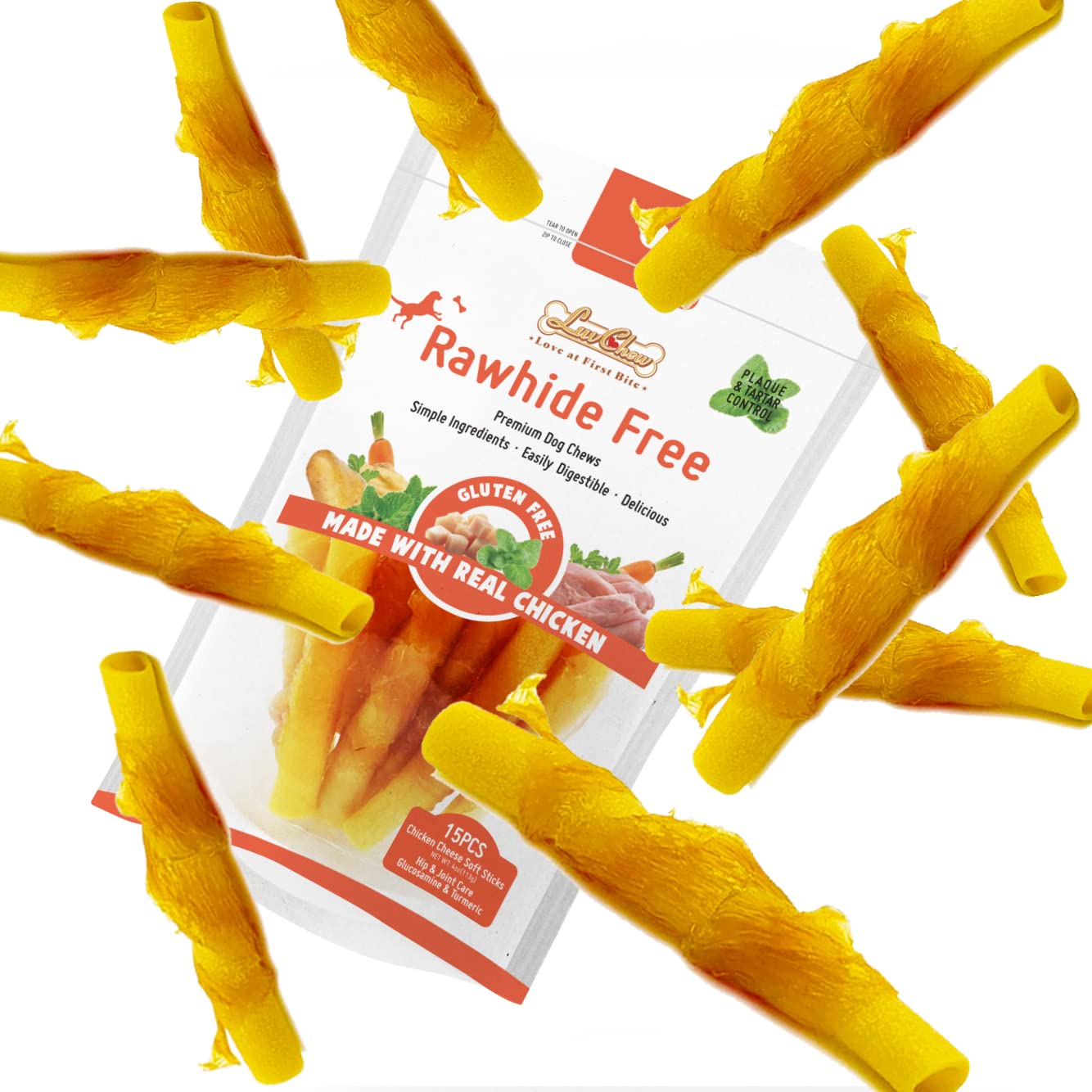 LuvChew Chicken Wrapped Dog Bone Treat Sticks with Glucosamine & Turmeric, Easy to Digest, Non-Rawhide Soft Chicken Cheese Dog Chew Treats 15pcs/Pack