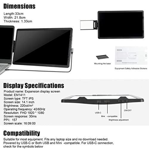 CCYLEZ 14.1in Laptop Screen Extender, 1920x1080 FHD Screen Monitor, Ultra Thin Bezel, Foldable Dual Monitor for Laptops
