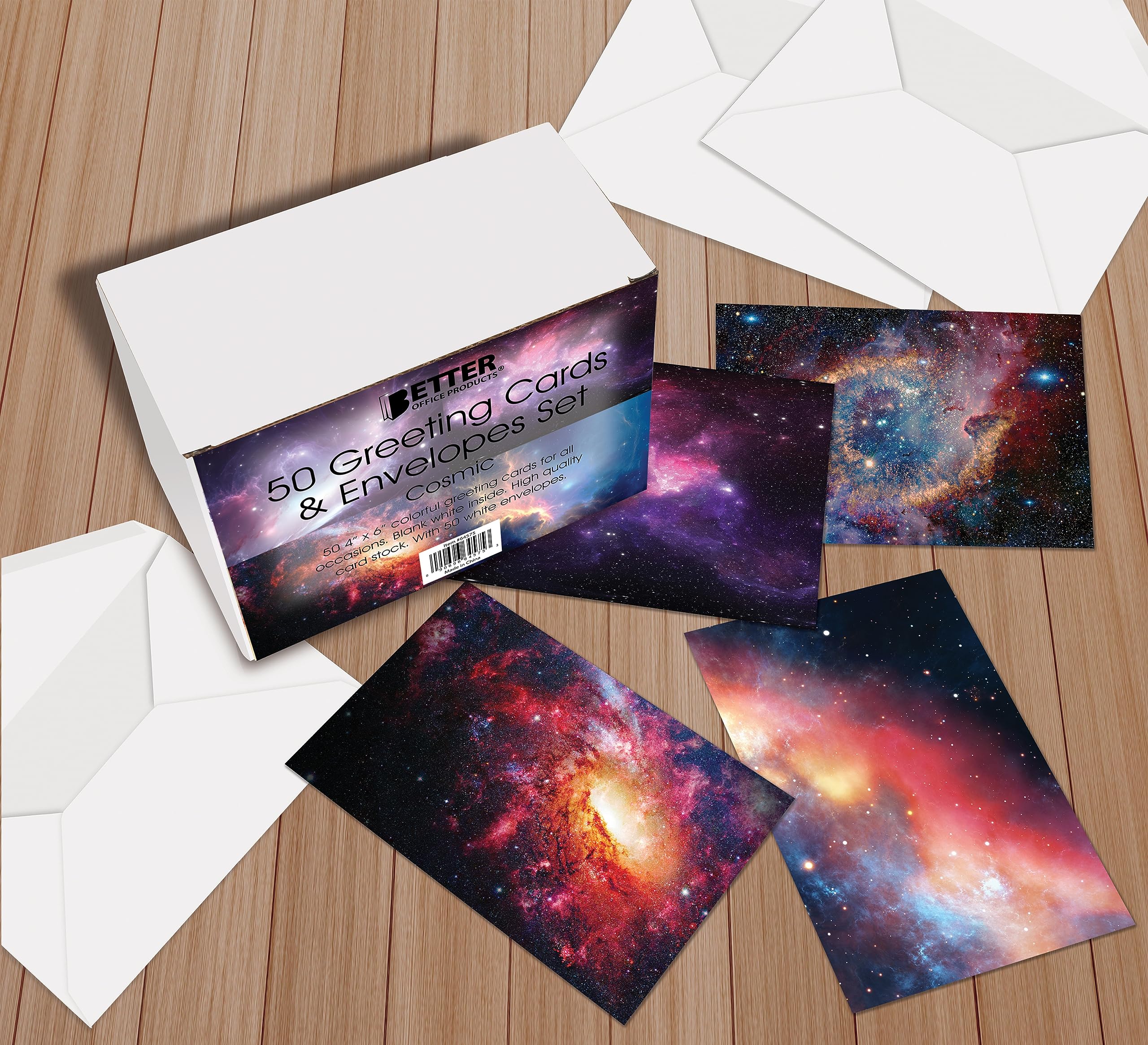 Better Office Products 50-Pack All Occasion Greeting Cards Box Set, 4 x 6 inch, 50 Assorted Blank Note Cards & 50 Envelopes, 6 Cosmic Galaxy Designs, Blank Inside, 50 Pack