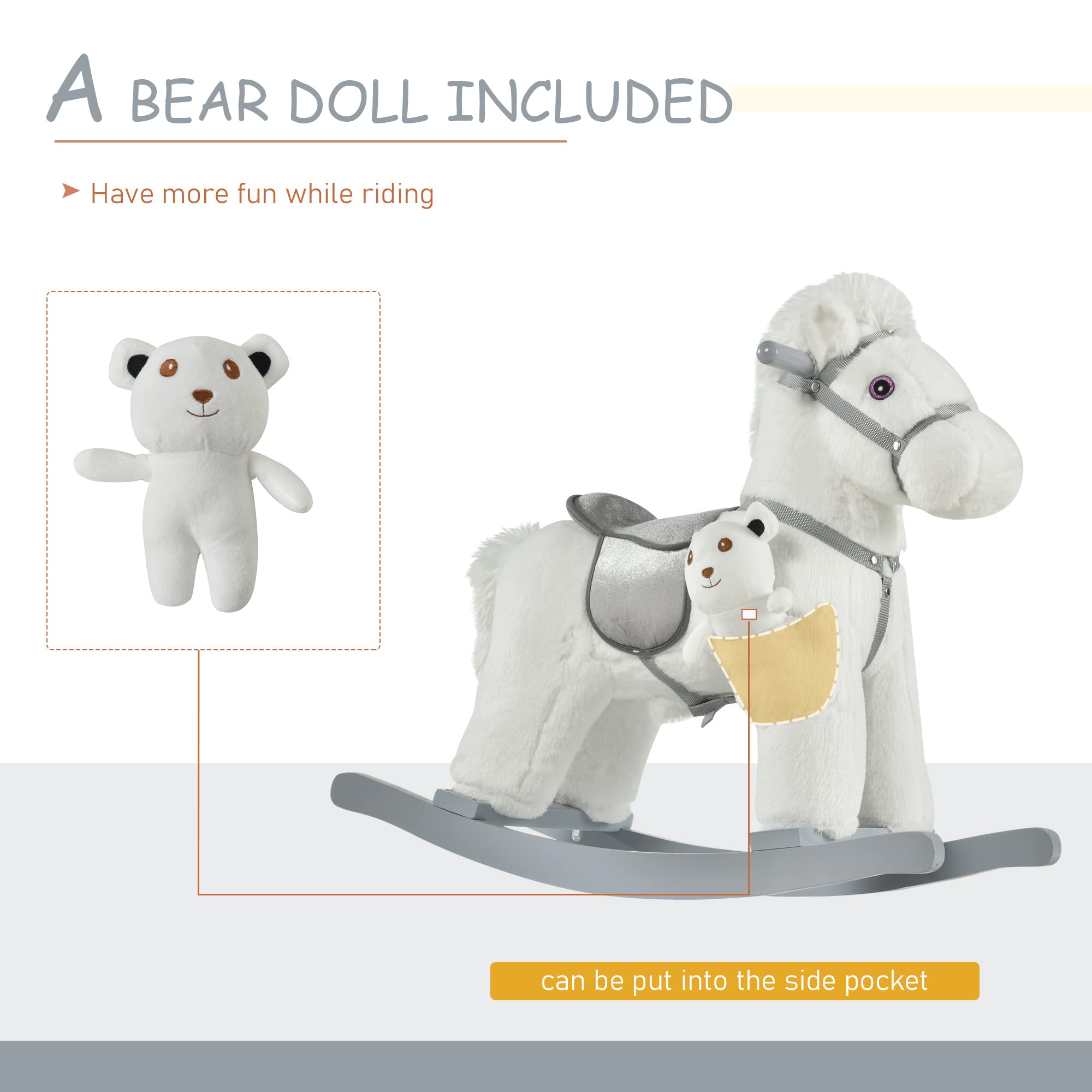 Qaba Kids Plush Ride-On Rocking Horse with Bear Toy, Children Chair with Soft Plush Toy & Fun Realistic Sounds, White