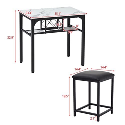Kinfant 3 Pcs Bar Dining Table and Chairs Set with Faux Marble Tabletop - 2 Chairs, Contemporary Dining Table Set with Wine Rack for Home, Hotel, Dining Room, Kitchen or Bar, White & Black