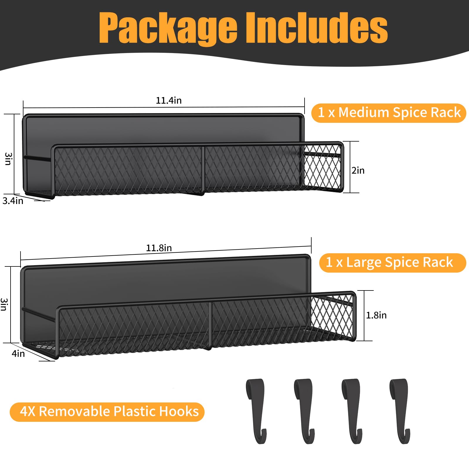 DTUQYX Magnetic Spice Rack for Refrigerator, 2 Pack Metal Magnetic Shelf Black, Moveable Spice Organizer with Hooks, Super Magnetic Fridge Shelf for Kitchen Organization and Storage