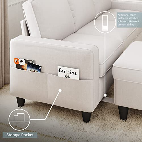 Lonkwa Convertible Sectional Sofa Couches L-Shaped Couch with Storage Ottoman, Beige Couches for Living Room, 3-Seat Sectional Sofas for Living Room/Bedroom/Office/Small Space