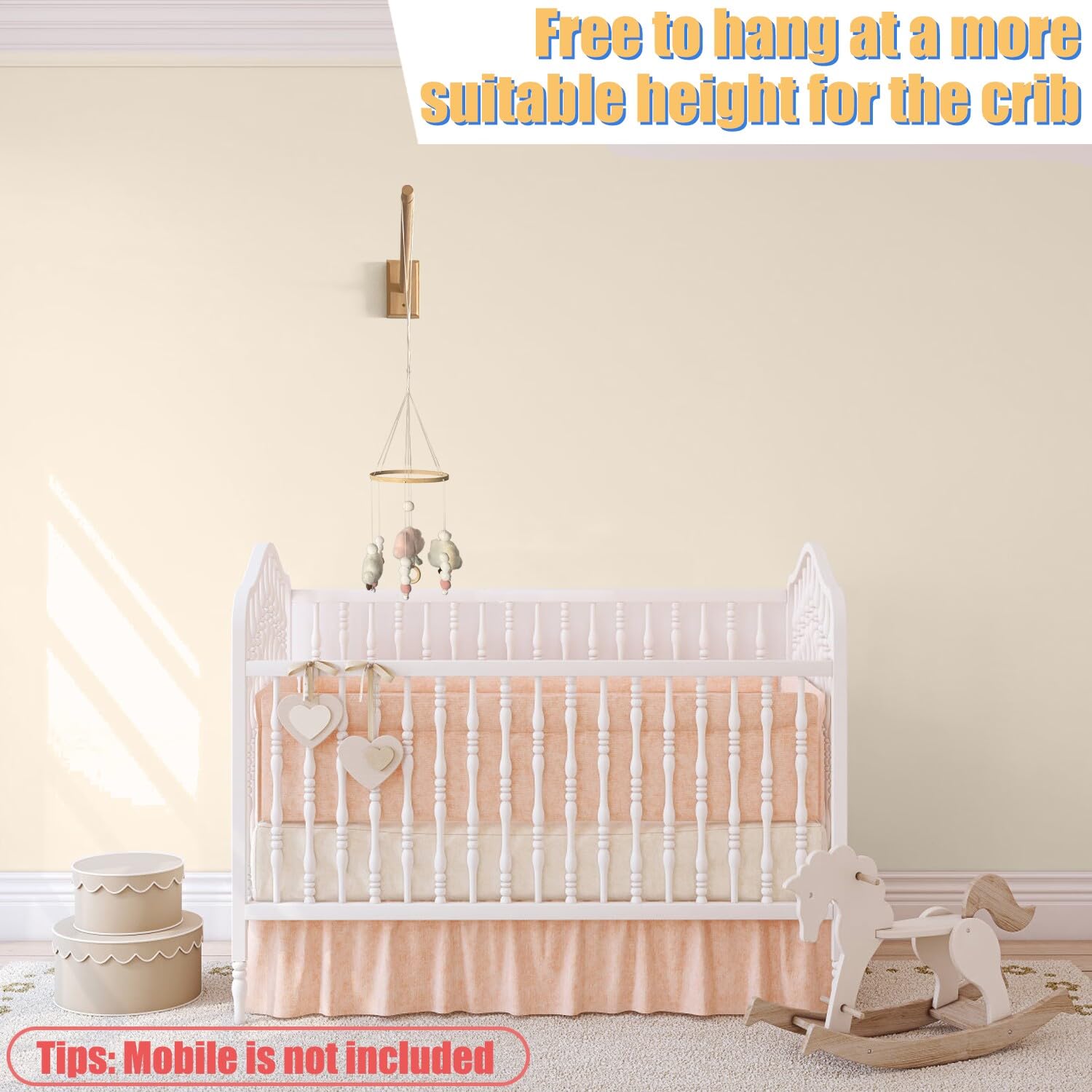 Crib Mobile Wooden Arm, Wall Mounted Suitable for All Cribs 100% Natural Larch Hanger Nusery Decor Baby Room Safe Holder(Mobile is not Included )