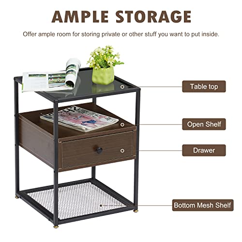 Kinfant End Table Set with Drawer - Nightstand Bedside Table with Mesh Shelf, Side Table with Glass Top for Hallway, Living Room, Bedroom, Rustic Brown and Black (2)