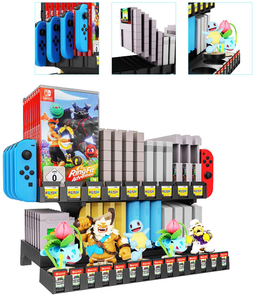 Skywin- Retro Cartridge Game Holder Compatible with Nintendo Gameboy, Video Game Storage, NES, N64, and 3DS Games, Includes Slots for Switch Tablet, Joycon Controllers, and Amiibo Display