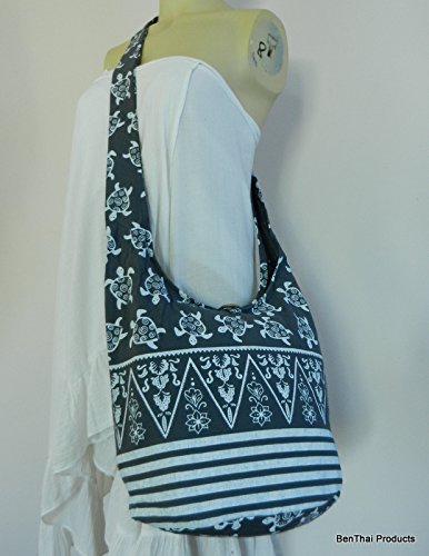 BTP! Turtle Sling Crossbody Shoulder Bag Purse Hippie Hobo Thai Cotton Gypsy Bohemian Large (Grey OW13)
