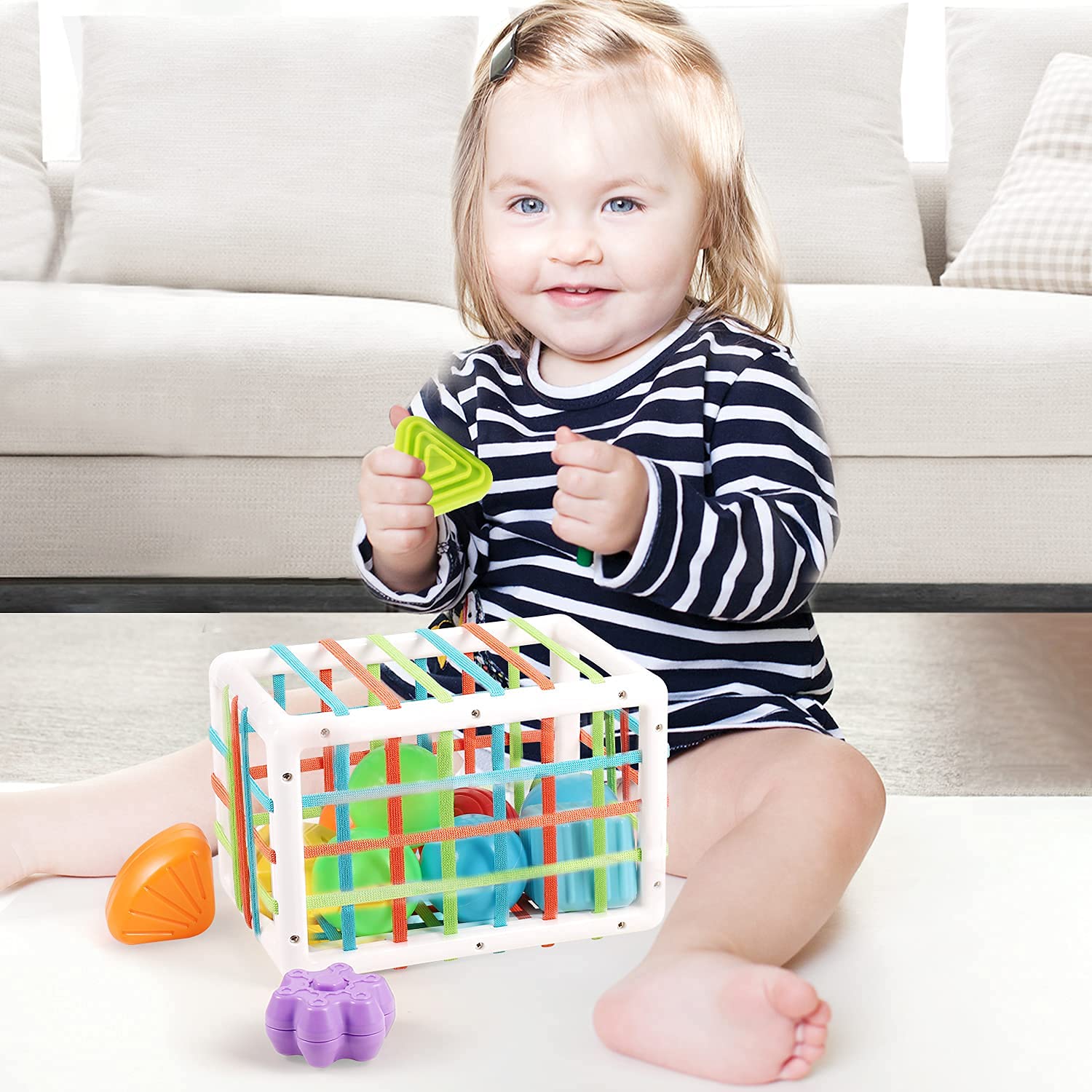 Tiyol Shape Sorter One Year Old Toys, Developmental Montessori Learning, Storage Cube Bin & 6 Sensory Shape Blocks, Fine Motor Skills, Birthday Gifts Toddler Boy Girl Age 1 2 3 (+6 Ocean Balls)