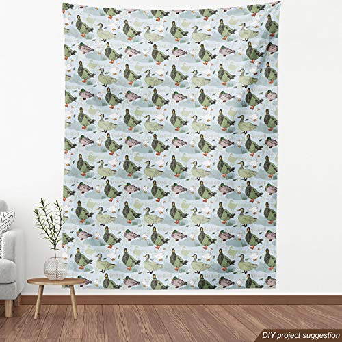Lunarable Geese Fabric by The Yard, Ducks Fowl on The Farm with Greenery Leaves Etching Illustration Design Print, Decorative Fabric for Upholstery and Home Accents, 1 Yard, Olive Green