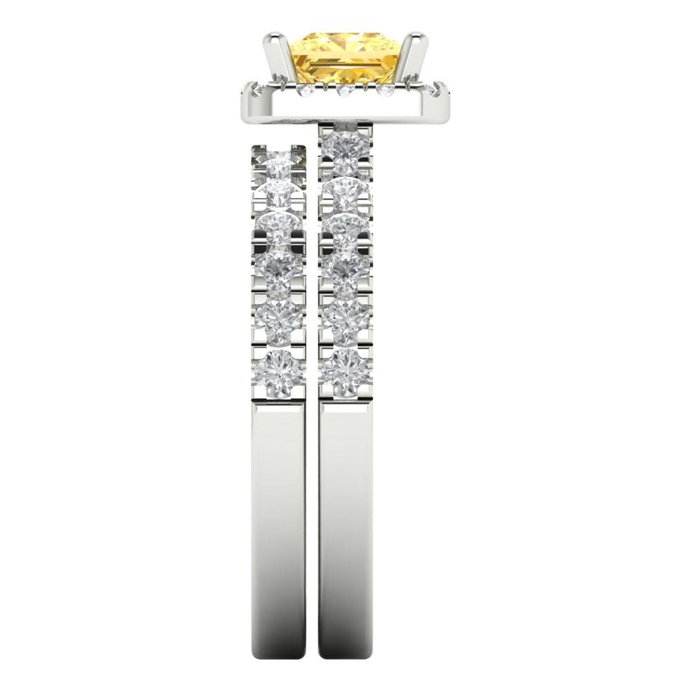Clara Pucci 1.54 carat Princess Cut Halo Solitaire Natural Citrine Engagement Wedding Anniversary Bridal Ring band set 14k White Gold 6.5