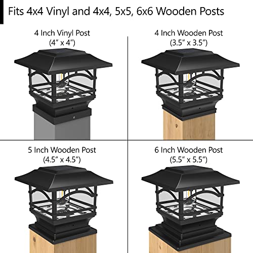 Davinci Lighting Edison Solar Outdoor Post Cap Lights - 4x4 5x5 6x6 - Bright LED Light for Fence Deck Garden or Patio Posts - Slate Black (2 Pack)