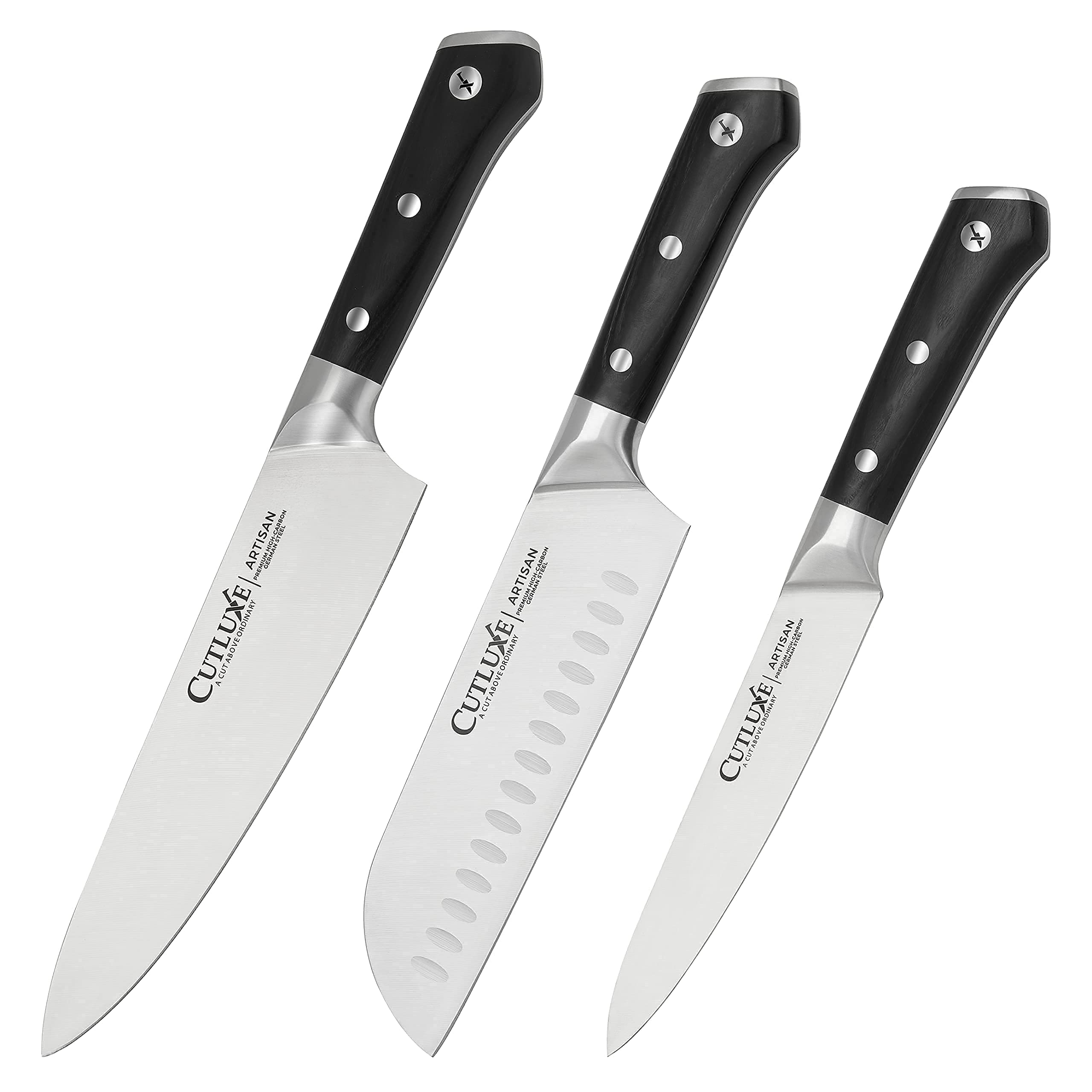 CUTLUXE Chef, Santoku & Utility Knife Set ā Forged High Carbon German Steel ā Full Tang & Razor Sharp ā Ergonomic Handle Design ā Artisan Series