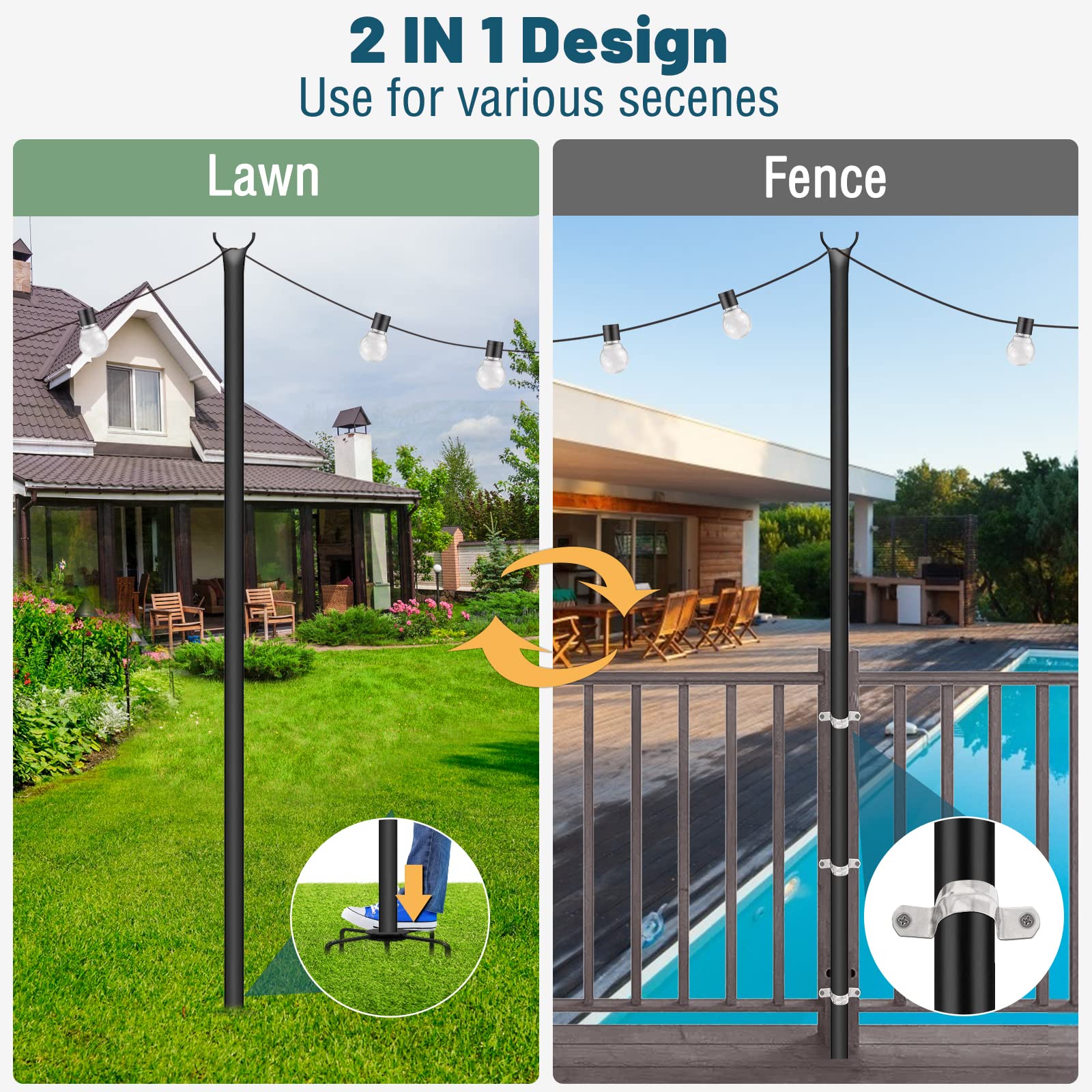 Slsy String Light Poles Stand for Outside, 5 Prong Fork Backyard Outdoor Lights Pole, Poles Stand for Patio, Garden, Christmas, Yard. (9 FT x 30 mm)