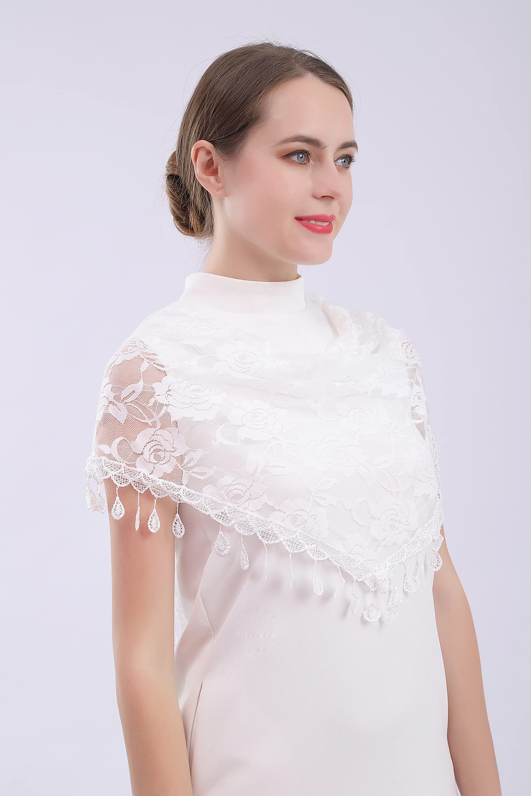 Cilkus Lace veil Mantilla veil Shawl or Scarf Latin Mass Head Cover with Fringed lace (White)