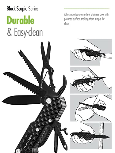 FantastiCAR 15 in 1 Multi-Tool, EDC Folding Pocket Knife with Premium Gift Box for Camping, Fishing, Hunting, Survival, Outdoor (Black)