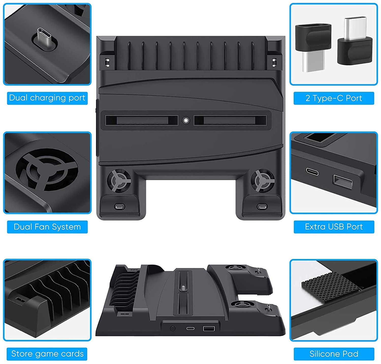 Tobo Cooling Stand for PS5 Dual Controller Charging Stand Charging Dock Vertical Stand for PS5 Playstation5 Digital Edition/Ultra HD Disc Edition with 11pcs Game Rack Organizer TD-385GA