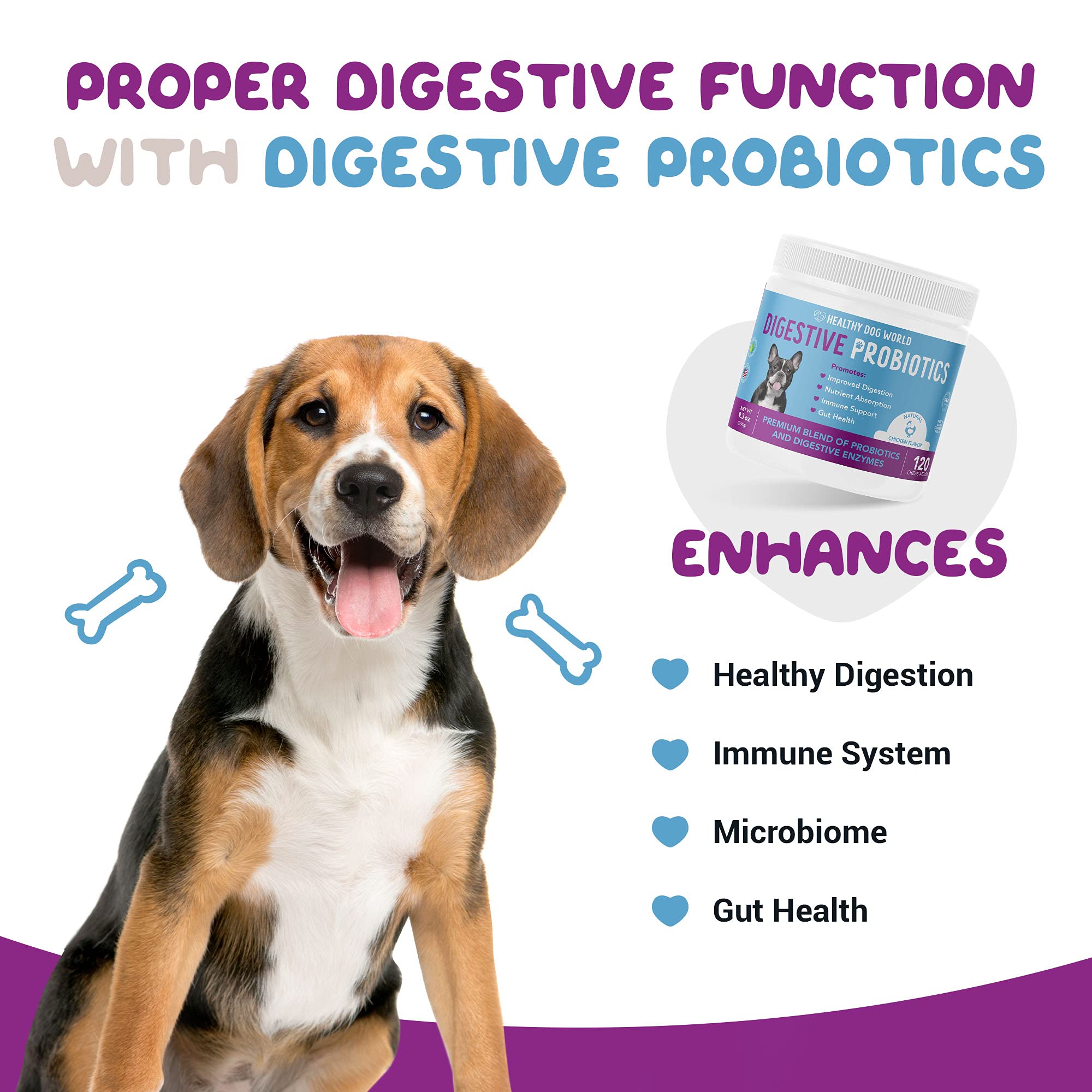 Healthy Dog World Digestive Chews with Enzymes - Probiotics for Dogs - Probiotic for Gut Flora, Digestive Health - Relieves Dogs Diarrhea - Bowel Support - Improves Digestion, Immunity - 120 ct.