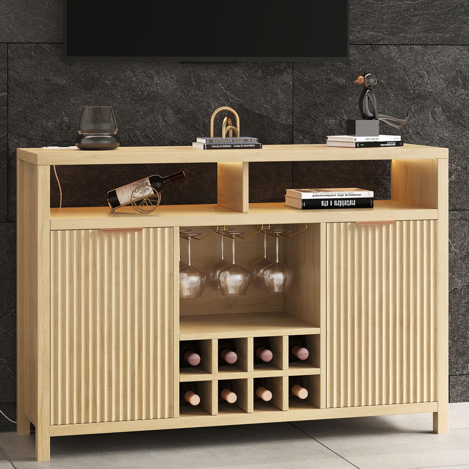 Fluted Home Bar Wine Cabinet with LED Light, Charging Station, Wine Rack - Buffet Cabinet with Storage, Coffee Bar Table, Stylish Fluted Credenza Cabinet for Modern Home Kitchen 47.2" Black