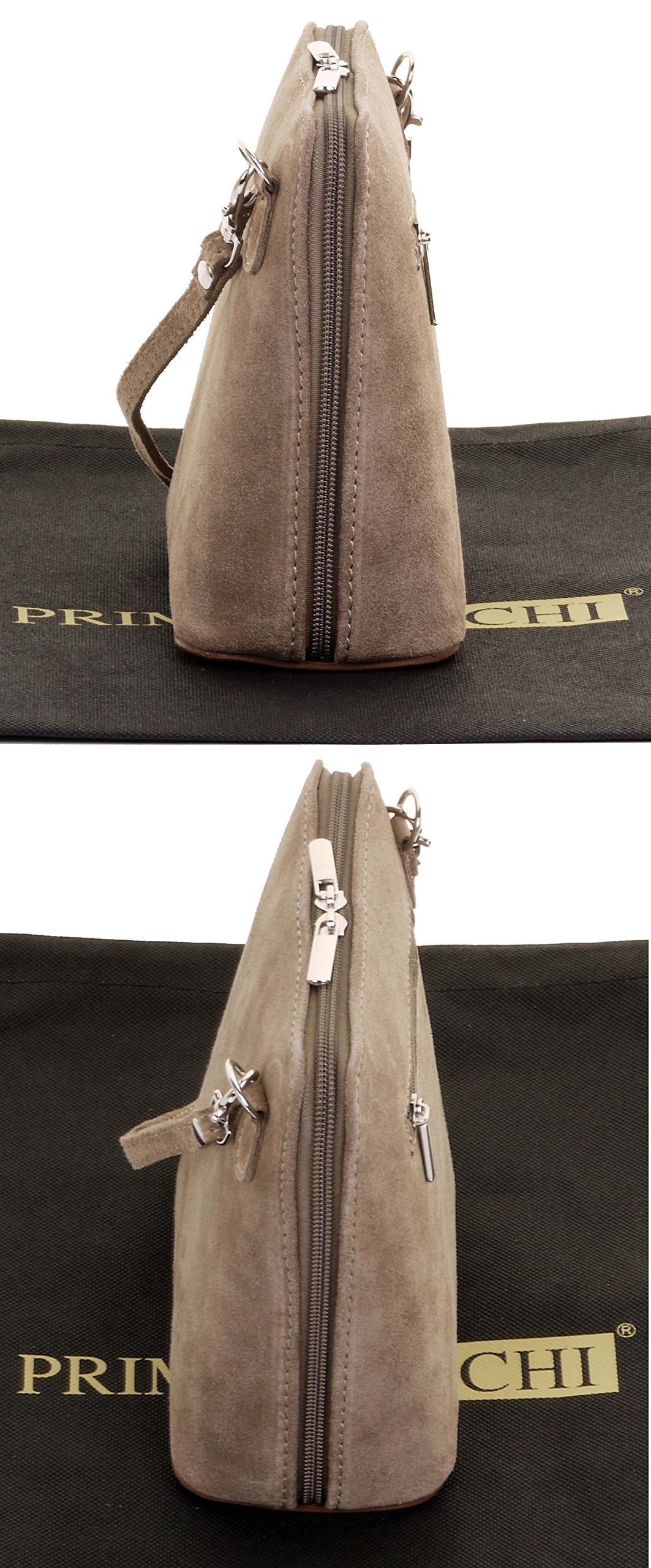 PRIMO SACCHI Ladies Italian Suede Leather Small Micro Dark Beige Crossbody Shoulder Bag Handbag Purse