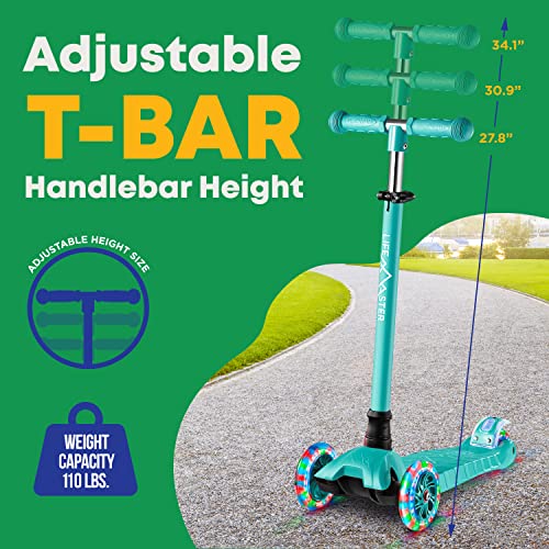 Kids Scooter – Children and Toddler 3 Wheel Kick Scooter – LED Wheel Lights Illuminate When Rolling– Adjustable Handlebar – Indoor and Outdoor Teal - Lifemaster