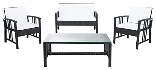 SAFAVIEH Outdoor Collection Reslor Wicker Cushion 4-Piece Living Set PAT7713A, Black/White