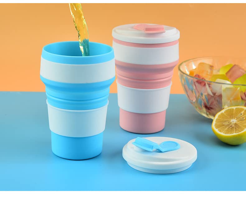 Collapsible Coffee Cups for Travel, Portable Foldable Travel Coffee Mug Silicone Collapsible Travel Cup 350ml Foldable Travel Mug with Lids Reusable Portable Bottle for Camping, Blue