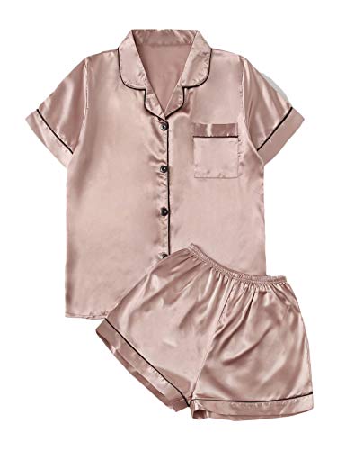 MakeMeChic Women's Satin Sleepwear Button Front Short Sleeve 2 Piece Pajama Set Dusty Pink S