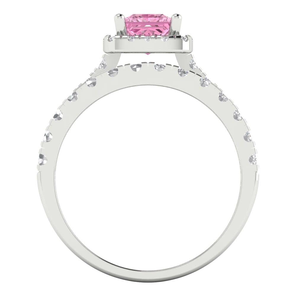 Clara Pucci 1.6ct Princess Cut Halo Solitaire Pink Simulated Diamond Engagement Promise Anniversary Bridal Ring Band set 14k White Gold 7
