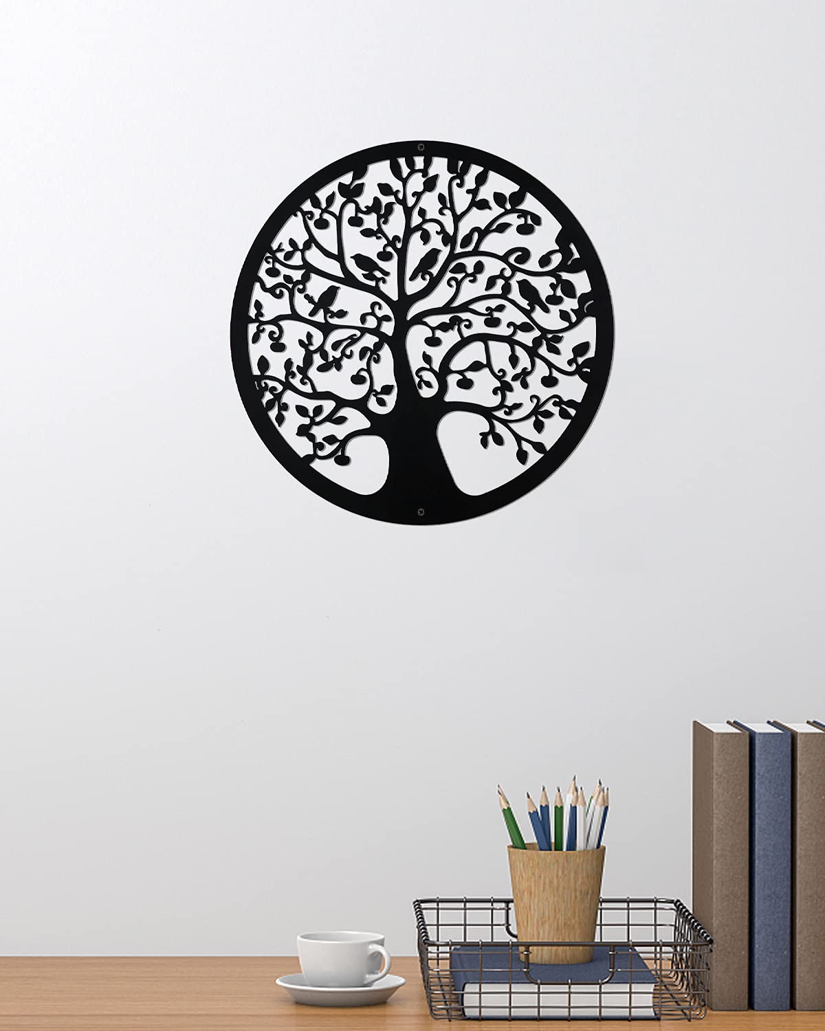 WIPHANY Metal Tree of Life Wall Hanging Art Sculpture 12 Inches Family Tree with Birds on Branches Round Contemporary Home Office Decor Cut Round Decorative Wall Hanging Garden Art Sculpture