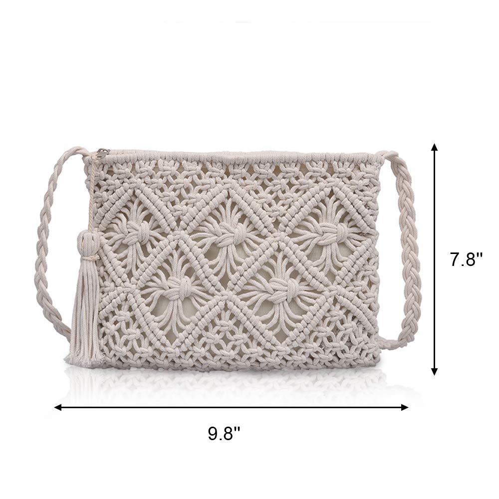 QTKJ Women's Summer Beach Straw Crochet Clutch Bag Shoulder Bag Crossbody Bag Woven Envelope Tassel Bag with Zipper (White)