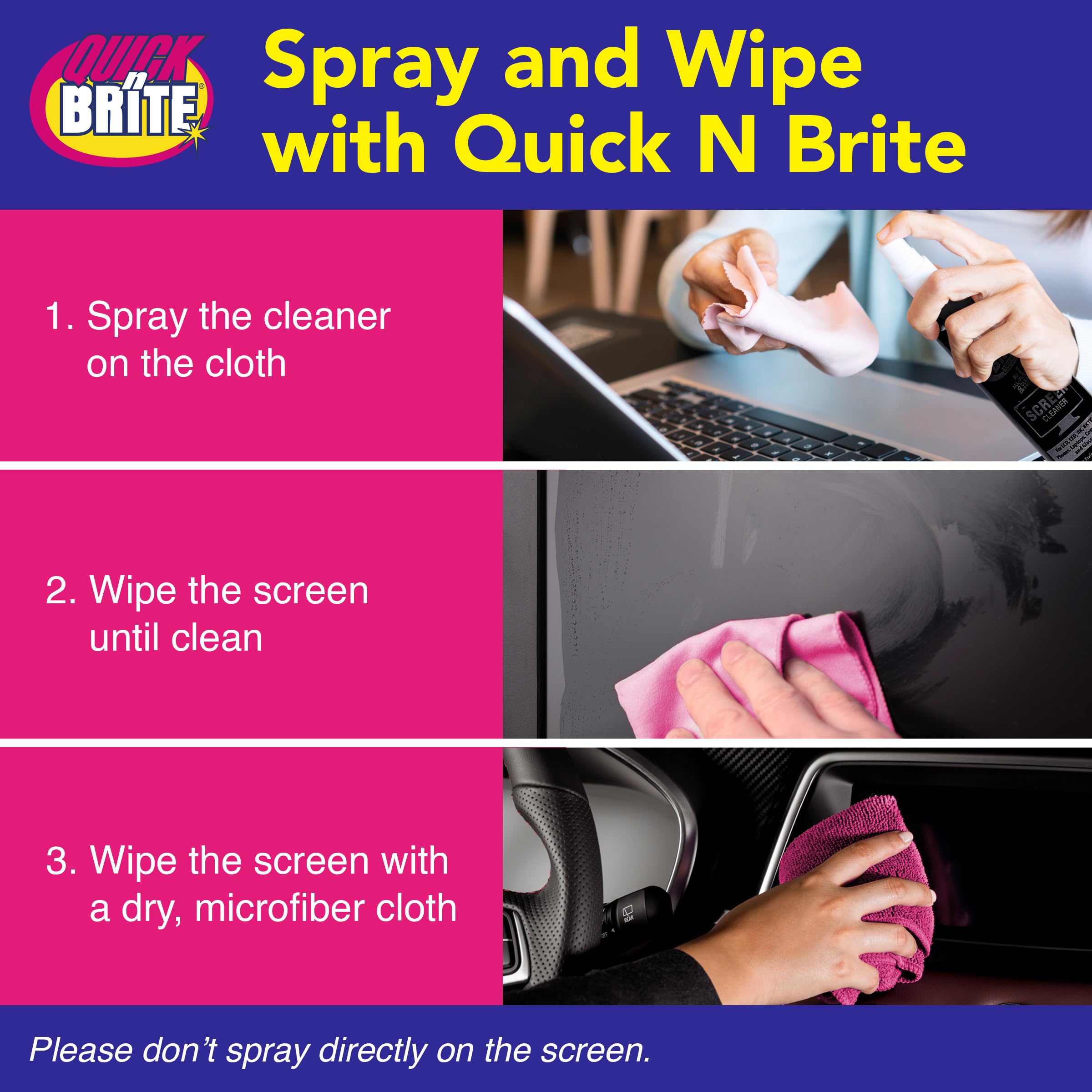 Quick N Brite Screen Cleaner with Microfiber Cleaning Cloth, 2 pc Cleaning Spray for TV, Computers, Laptops, Smartphones and More, 8 oz