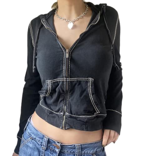 KMBANGI Women Y2K Zip Up Hoodie Casual Vintage Solid Sweatshirt Hoodies Aesthetic Long Sleeve Jacket with Pockets(M-Solid Black,S)