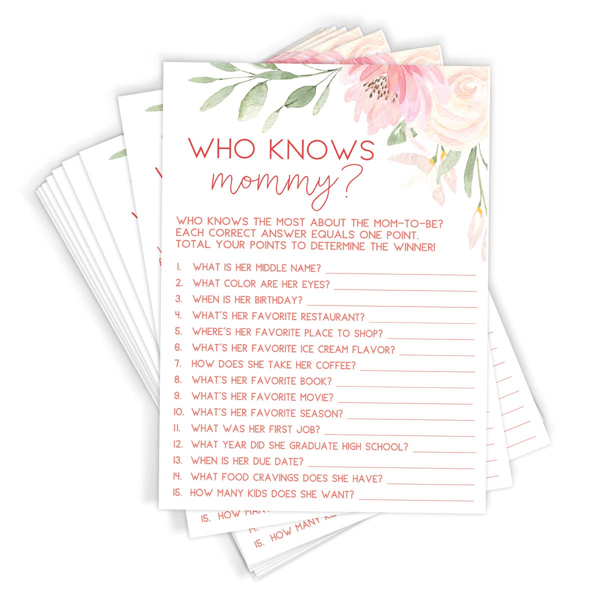 Printed Party Baby Shower Games – Who Knows Mommy Best Game for Girl, Baby in Bloom Floral Theme, 50 Cards