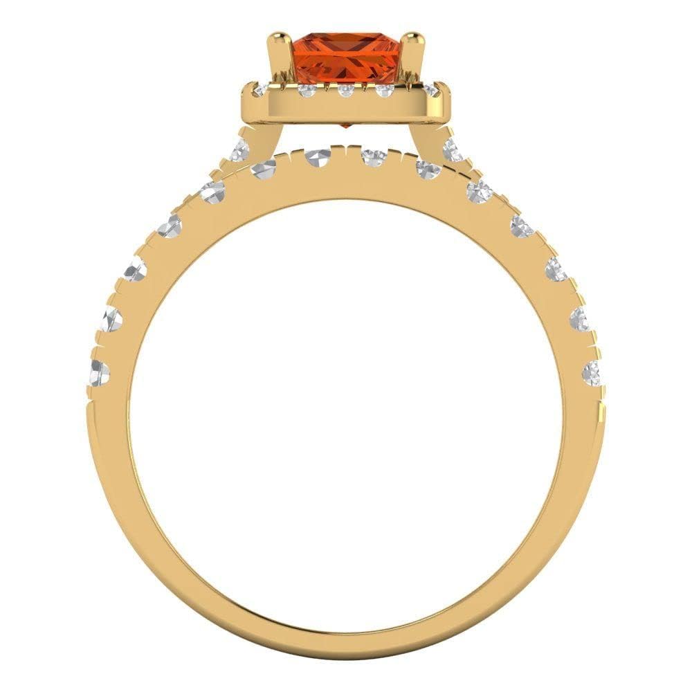 Clara Pucci 1.7 ct Princess Cut Halo Solitaire Simulated Ruby Designer Art Deco Statement Wedding Ring Band Set 18K Yellow Gold 3.5