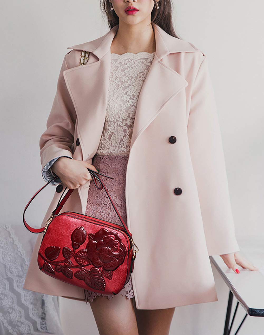 QZUnique Women's Chinese Style PU Leather Handbag Graceful Embossed Floral Shoulder Bag Zipper Crossbody Bag Red