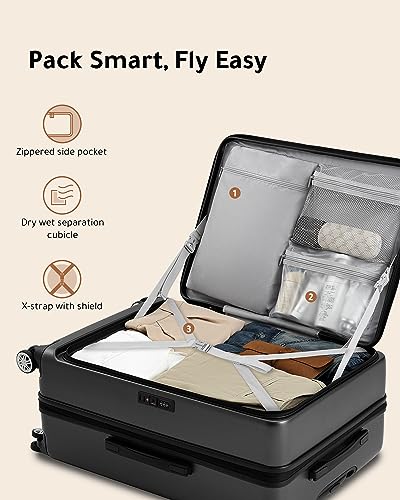 LUGGEX Black PC Luggage Sets 2 Pieces, 20 Inch Carry On Luggage with USB Port and 26 Inch Checked Suitcase with Front Opening, Only 26" Expandable