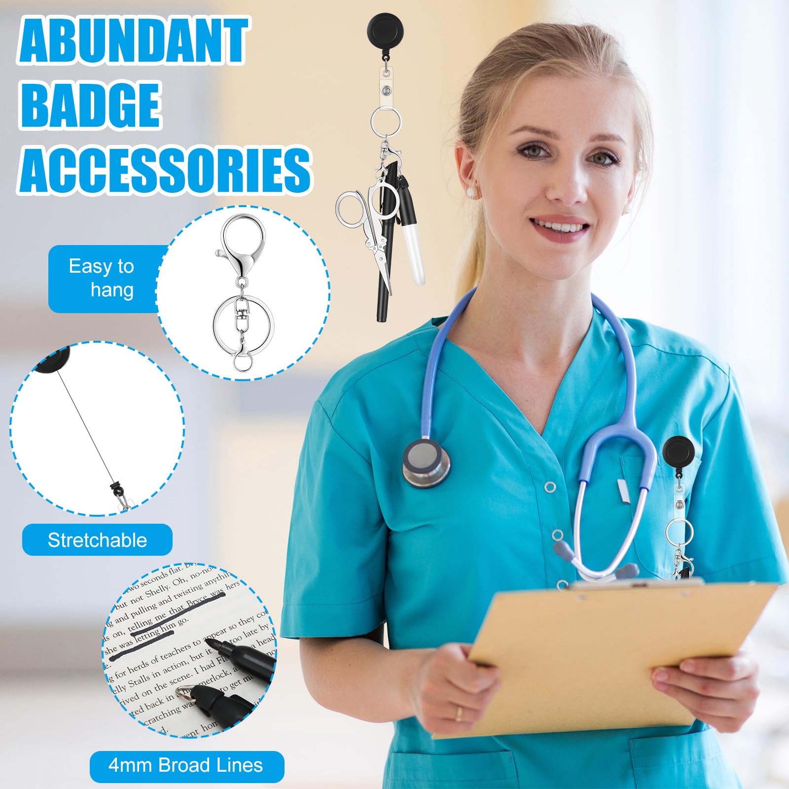 Chuangdi 60 Pcs Mini Nurse Pens for Badge Sets Include 12 Pcs Silver Key Rings 12 Pcs Black Badge Reels 12 Pcs Mini Ballpoint Pens 12 Pcs Markers and 12 Pcs Nurse Scissors for Workers Nurses Teachers