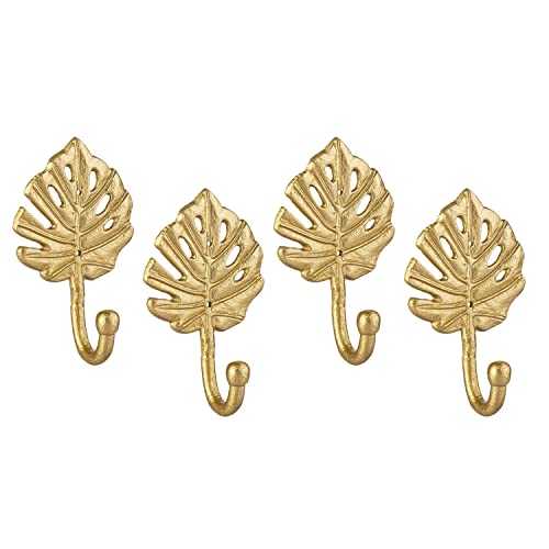 MyGift Vintage Gold Leaf Design Wall Hanging Hooks, Metal Monstera Leaves Wall Mounted Entryway Storage Coat Hooks, Set of 4 - Handcrafted in India