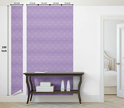 Lunarable Vintage Peel & Stick Wallpaper for Home, Western Medieval Motifs with Leafs and Curlicues Floral Damask Pattern, Self-Adhesive Living Room Kitchen Accent, 13" x 100", Lavender and Purple