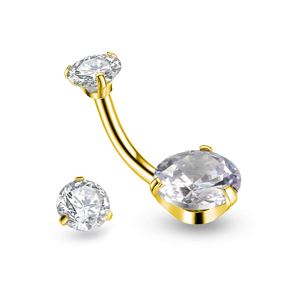Belly Button Rings Round Cubic Zirconia Navel Barbell Stud Body Piercing (Gold)