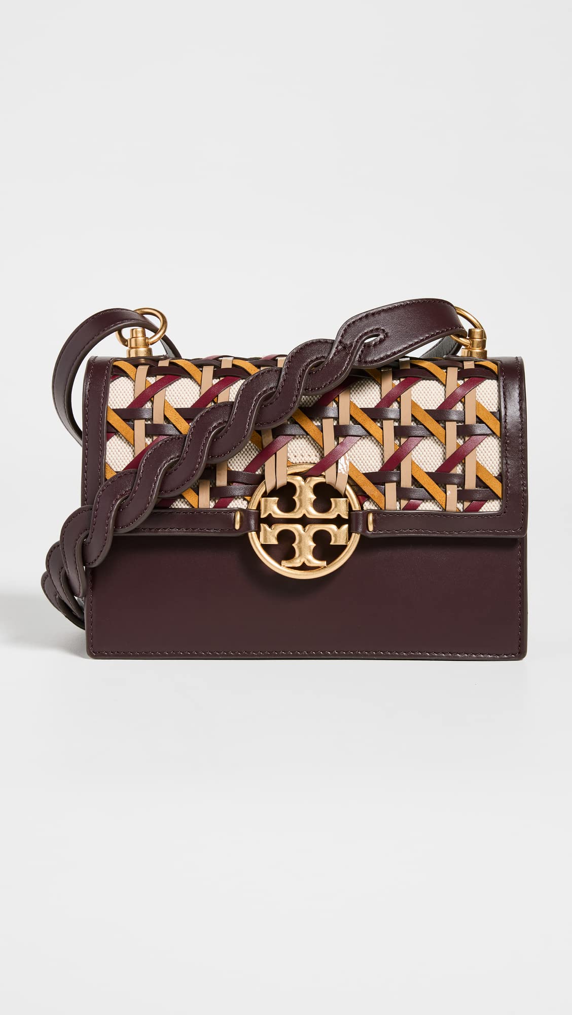 Tory Burch Women's Miller Basketweave Small Flap Shoulder Bag, Tempranillo Mix, Brown, One Size