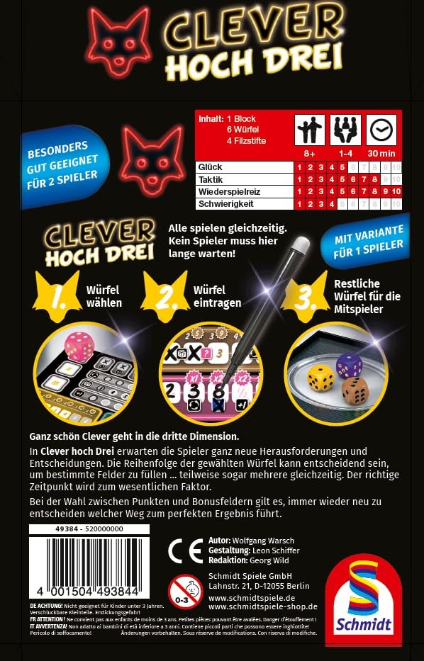 Schmidt Spiele 49384 Clever hoch DREI, dice Game from The Series Klein & Fein