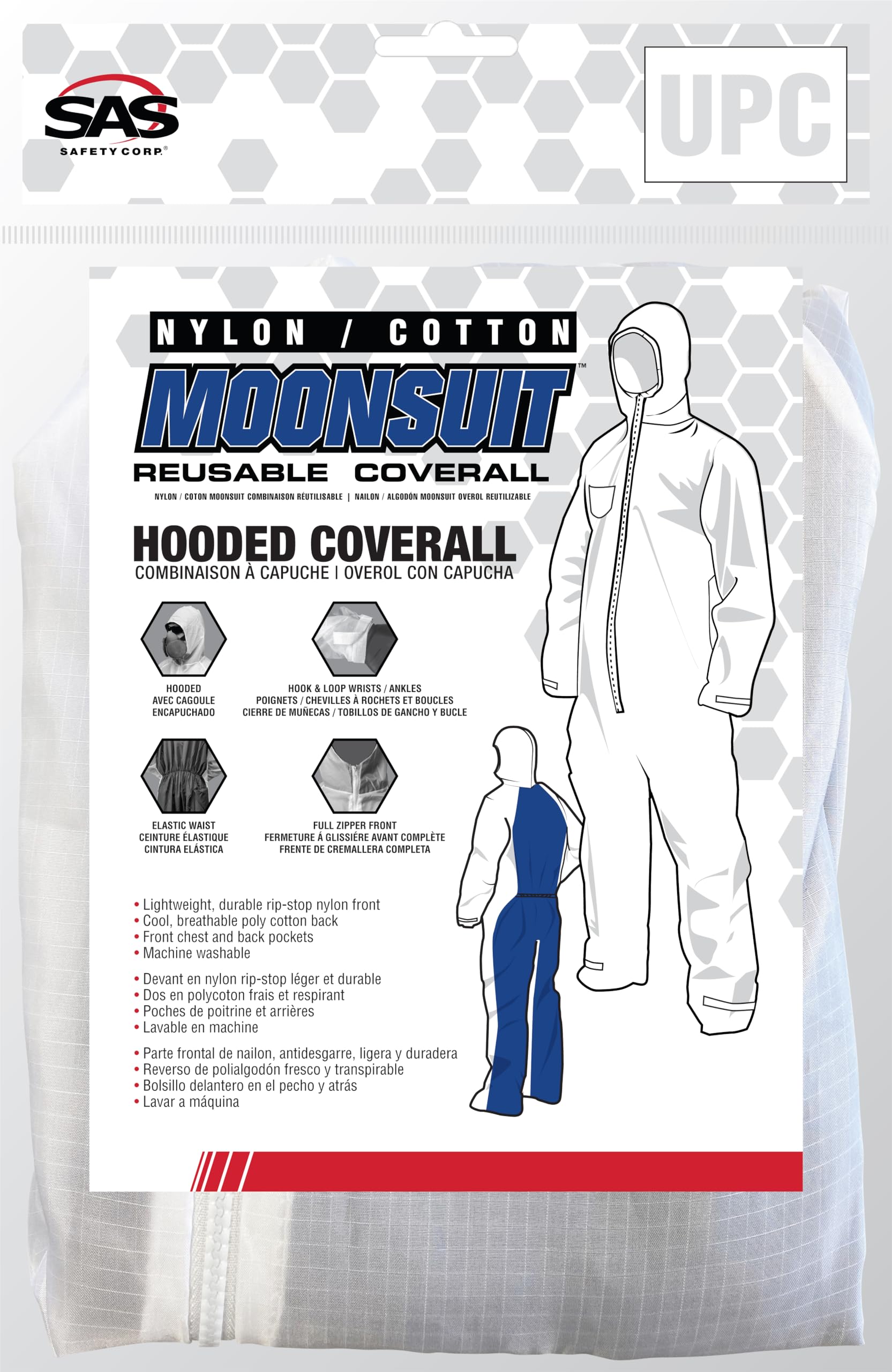 SAS Safety Corp Moonsuit Nylon and Cotton Coverall | Machine Washable Full Pullover with Hood Work Coveralls | Full Zipper Front, Elastic Waist with Pockets for Painting, Automotive, Factory (Medium)