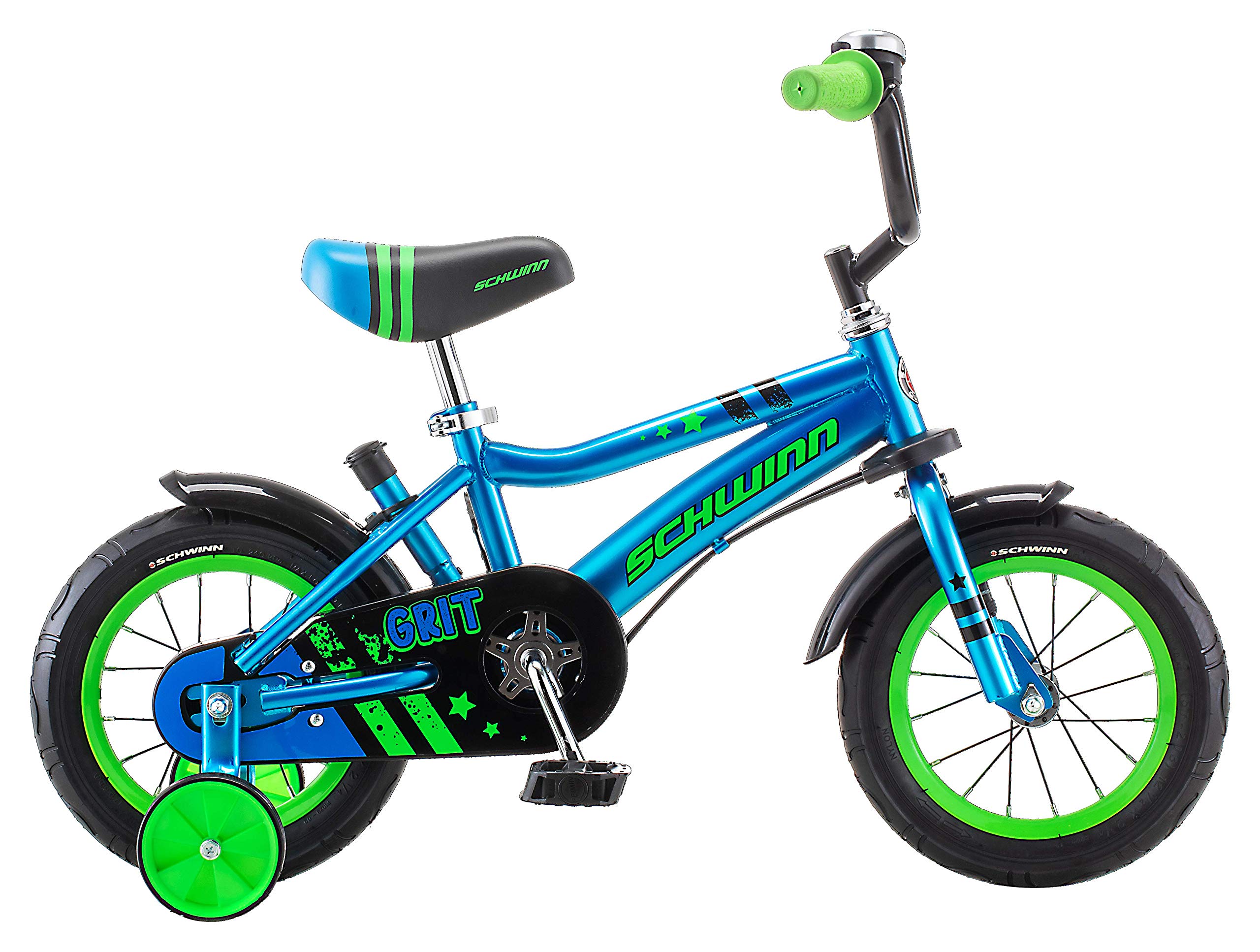 Schwinn Grit Push Steer and Ride Kids Bike, Boys Beginner Bicycle, 12-Inch Wheels, with Training Wheels, Parent Push Handle, Water Bottle and Holder, Blue