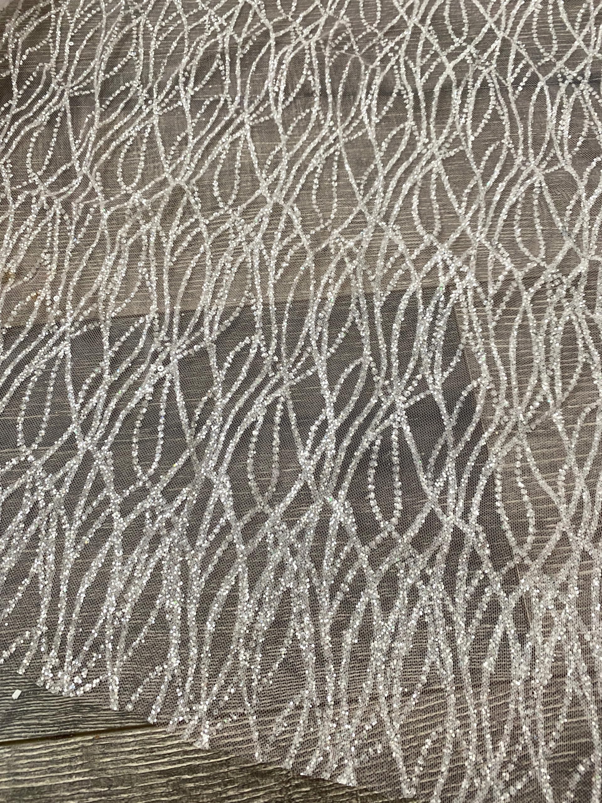 Glitter Wave Lace Fabric by The Yard - Perfect for Wedding Decorations, Bridal Shower, Wedding Tablecloth - Glitter Veil, and Elegant Crafts - 58 inch - 1 Yard (Silver White)