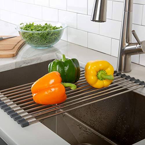 Kitchen Details Over The Sink Drying Rack | Roll Up Dish Mat | Easy Storage | Stainless Steel | Non-Slip Silicone | Drain Tray | BPA Free | Food Safe | Space Saving | Grey
